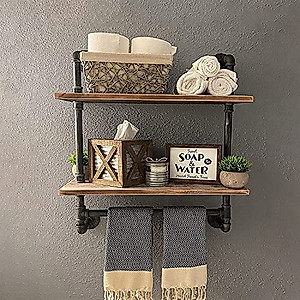 Industrial Pipe Shelving,Iron Pipe Shelves Industrial Bathroom Shelves with Towel bar,24in Rustic Metal Pipe Floating Shelves Pipe Wall Shelf,2 Tier Industrial Shelf Wall Mounted,Retro Brown