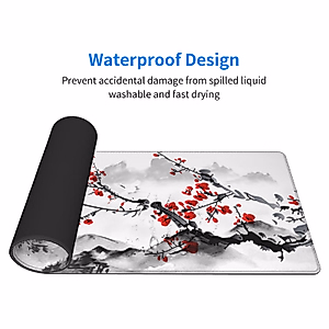 Watercolor Cherry Blossom Mouse Pad 31.5x11.8 Inch Pink Full Desk Japanese Sakura Mousepad Extended Large Non-Slip Rubber Base Waterproof Big Keyboard Mat with Stitched Edges for Gaming and Office