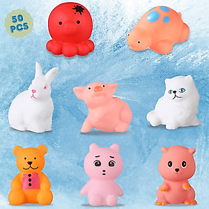 50 Pcs Baby Bath Toys Bulk Infant Bath Toys Water Float Squeak Rubber Animal Toys Bathtub Pool Toy for Toddlers Kids Bath Time Shower Party Favors Birthday Gifts, Random Style