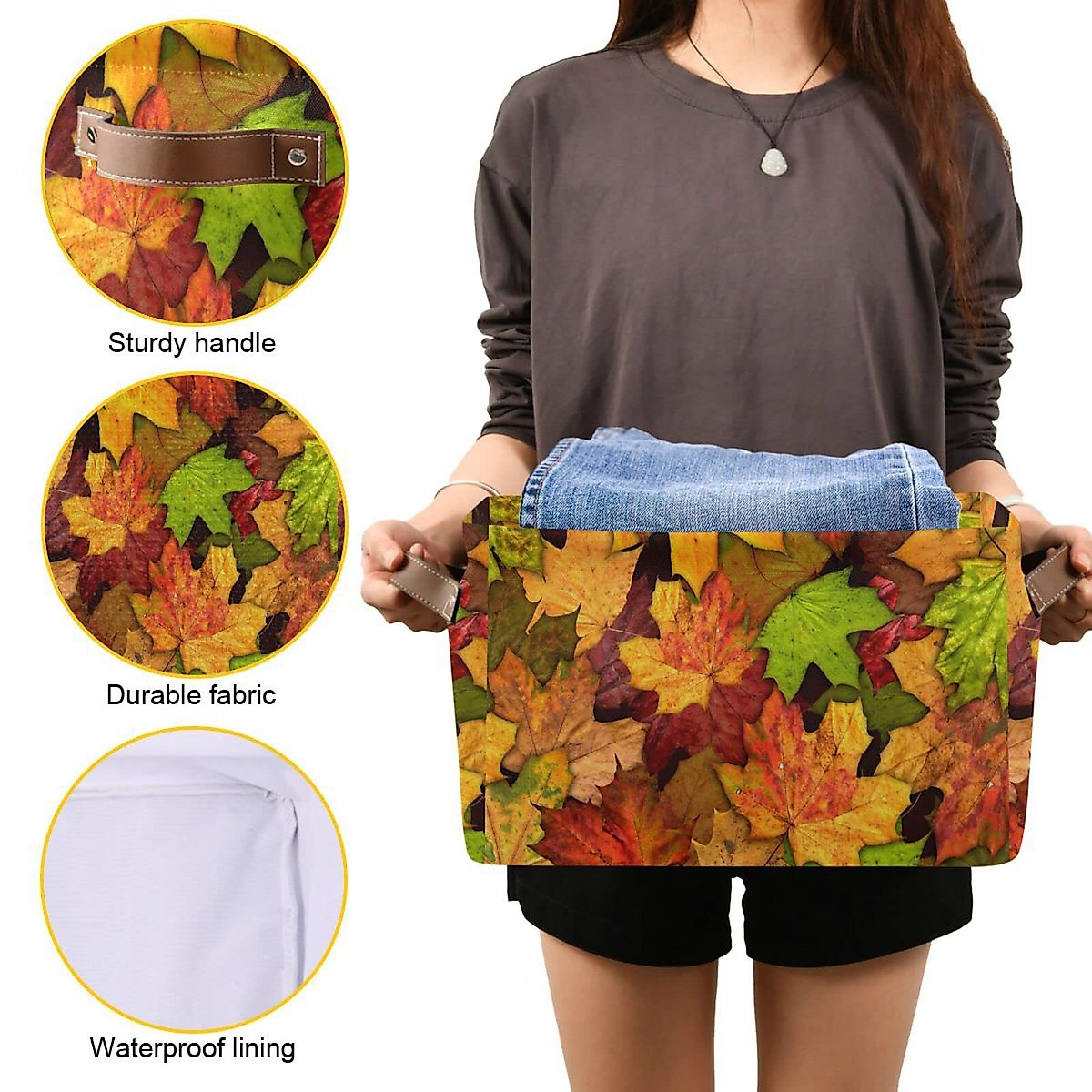 Dry Autumn Leaves Storage Basket Fall Maple Tree Storage Organizer Box Bin Large Collapsible Cube Baskets with PU Handles for Shelf Closet Nursery Laundry 1 Pack