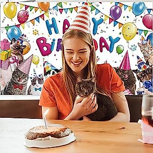 Dog Cat Happy Birthday Backdrop Banner Puppy Photography Background Banner Cartoon Cat Photo Backdrop Birthday Party Decorations for Dog Cat Owner Birthday Party Pet Party Supplies (Cat)