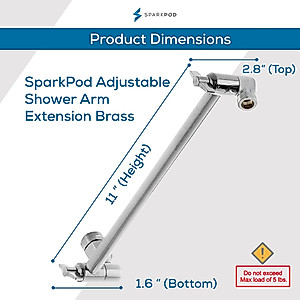 Shower Head Extension Arm by SparkPod - 11" Solid Brass Shower Arm Extension with Universal Connection to Showerheads - Easily Adjustable (Luxury Polished Chrome)