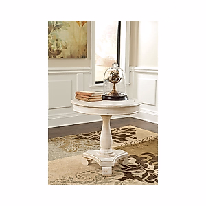 Signature Design by Ashley Mirimyn Cottage Vintage Hand-Finished Round Accent Table, Distressed White Finish