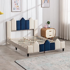 Mixoy Twin Size Kids Bed Frames,Upholstered Twin Platform Bed Frame for Children with Headboard,Toddler Bed for Boys & Girls, Teens,No Box Spring Needed, Easy Assembly(Blue/White,Twin)