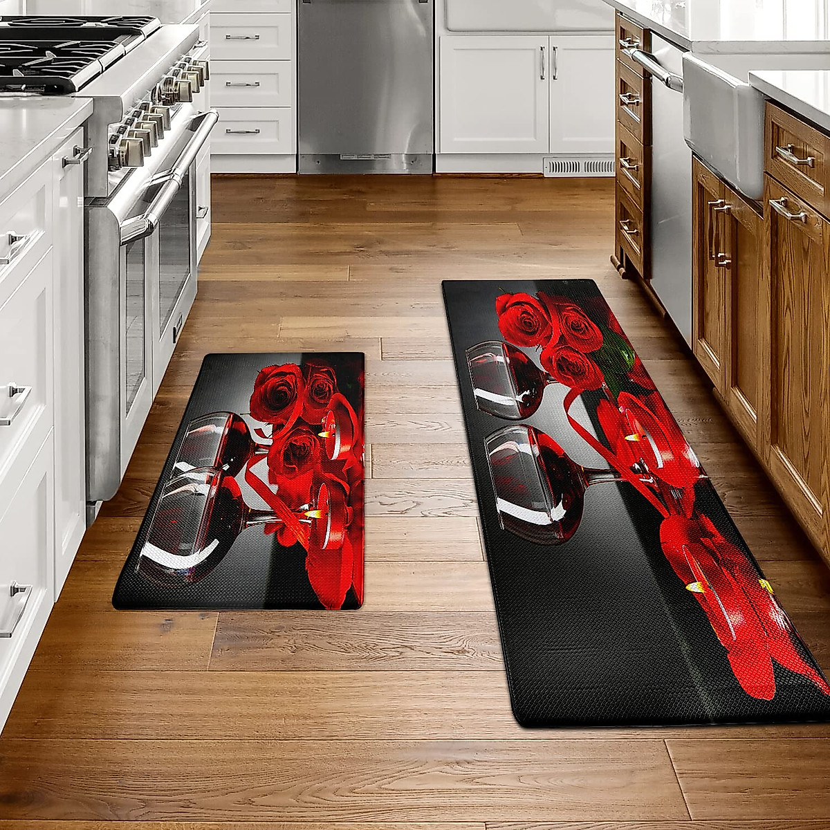 FNLNDO Red Wine Kitchen Rugs and Mats Set of 2 Modern Rose Anti Fatigue Kitchen Floor Mat Non-Skid Washable Kitchen Runner Rug for Kitchen Sink Laundry