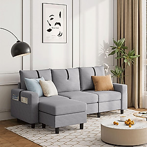 Tornama 80" L Shaped Sectional Sofas 3 Seater Couch with Reversible Ottoman Modern Linen Fabric Small Sectional Couch for Living Room, Apartment, Small Space, Light Grey