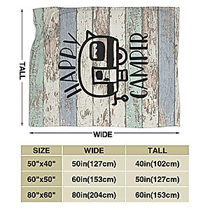 Soft Vintage Wooden Door Happy Camper Throw Wrap, Sherpa Plus Velvet Home Blanket Throw Wearable Blankets, Keep Warm Blankets for Bedroom Living Rooms Sofa Couch, 50x60 inch