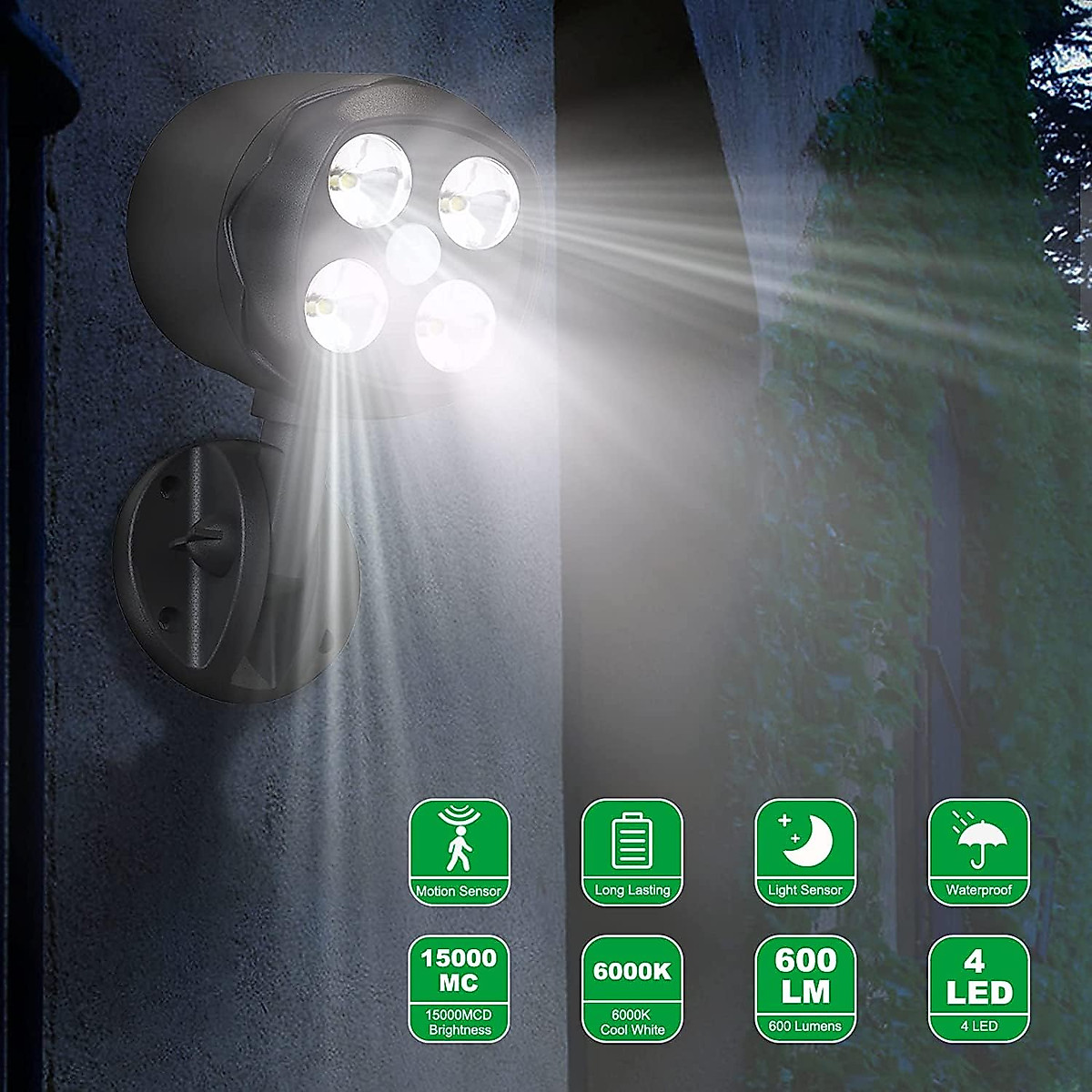 Yoyutrre Motion Sensor Outdoor Lights,Outdoor Battery Operated Lights,12W 600 Lumen Motion Detector Lights for Outside,6000K LED Security Lights Motion Outdoor Spotlight for House Wall,Yard and Stairs