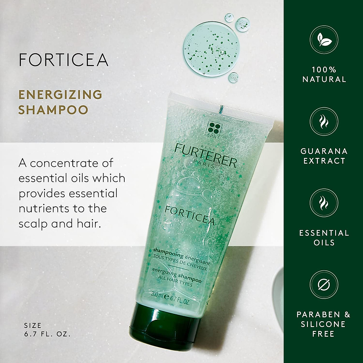 Rene Furterer Forticea Strengthening Revitalizing Shampoo - Formulated with Guarana Extract, Rosemary, Vitamin B3 and B5, - Sulfate, Paraben & Silicone Free, 20.2 Fl Oz