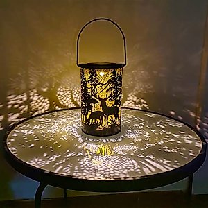 Solar Lanterns Outdoor Waterproof, Solar Hanging Lantern Lights Made of Metal Carved with Deer and Trees. LED Decorative Garden Light for Patio, Table, Pathway, Yard, Landscape