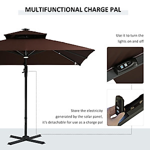 Outsunny 10FT Cantilever Patio Umbrella with Solar LED Lights, Double Top Square Outdoor Offset Umbrella with 360° Rotation, 4-Position Tilt, Crank & Cross Base for Garden, Deck, Pool, Brown