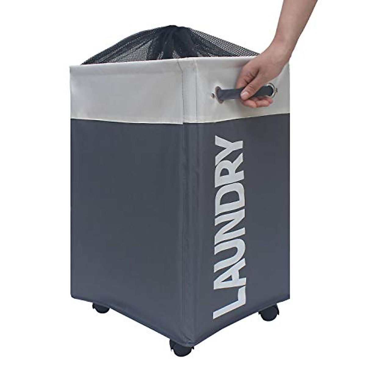 Cleversion Laundry Basket with Wheels-Waterproof Rolling Laundry Hamper –Dirty Clothes Hamper for Laundry(Dark Gray&Beige)