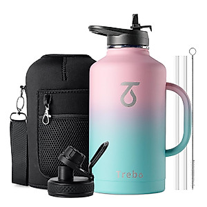 Trebo 64oz Water Bottle Insulated with Straw &2 Lids, Half Gallon Double Wall Vacuum Stainless Steel Metal Large Jug with Handle, Wide Mouth Coffee Flask Mug with Carry Pouch, Keep Cold Hot, Pink