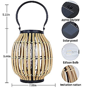 Outdoor Solar Lantern Lights Hanging Large Rattan Garden Lantern Waterproof- Rustic Table Lamp with Edison Bulb Women Gift Decoration for Garden Patio Boho Wedding