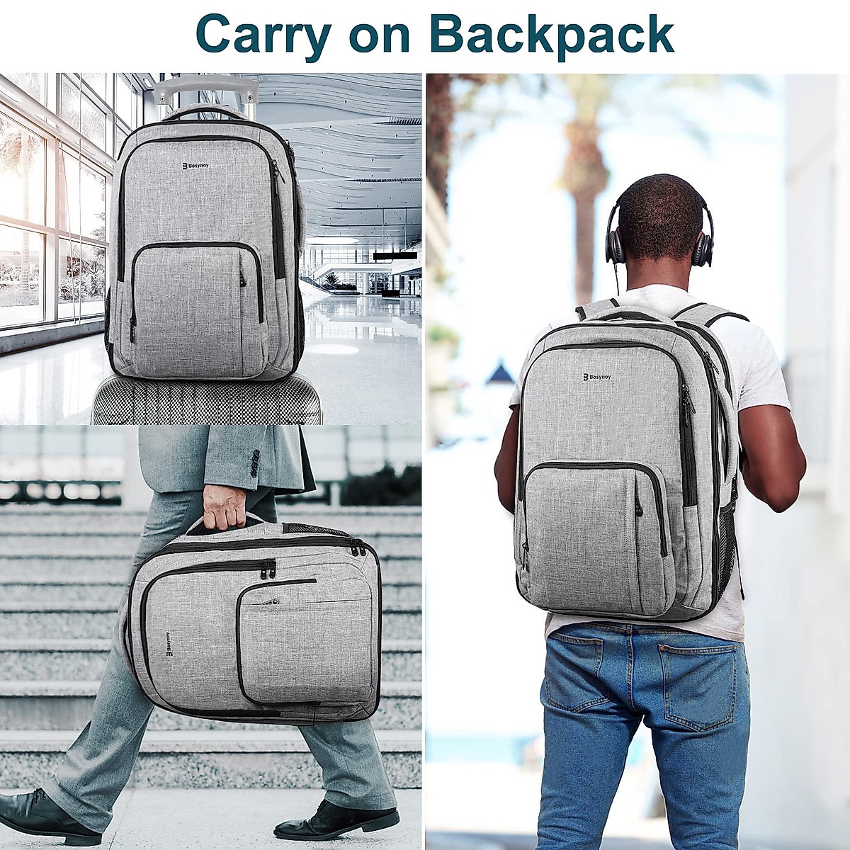 Bosynoy Travel Backpack for Women Men, 40L Large Carry On Backpack Airline Approved TSA Suitcase Backpack, for 17.3 Inch Laptop, Weekender Backpack Overnight Bag with 2 Packing Cubes