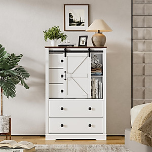 PAKASEPT 5 Drawers Dresser, Farmhouse Modern Tall Dresser 5 Chest of Drawers, Sliding Barn Doors Dresser Chests for Bedroom, Hallway, Living Room, Kids Room