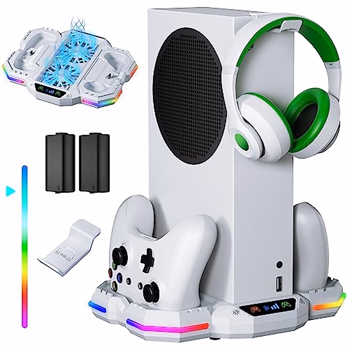 Cooling Fan Stand for Xbox Series S with RGB Light Strip, Wiilkac Upgraded Dual Controllers Charging Dock Accessories with 2 X 1400mAH Rechargeable Battery Pack, Headset Hook & USB Ports - White