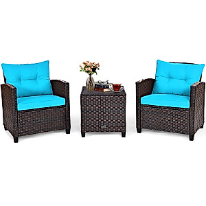 Tangkula 3 Pieces Patio Furniture Set, PE Rattan Wicker 3 Pcs Outdoor Sofa Set w/Washable Cushion and Tempered Glass Tabletop, Conversation Furniture for Garden Poolside Balcony (Turquoise)