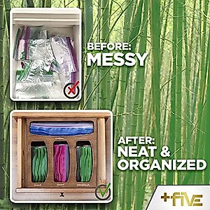 +Five Ziplock Bag Organizer, Food Storage Bag Organizer for Kitchen Drawer, Bamboo Wood Holder, Plastic Bag Holder Dispenser, Fits Gallon, Quart, Sandwich and Snack Variety Size Bags (Rustic Brown)
