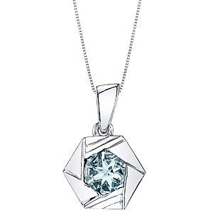 PEORA Aquamarine Cirque Pendant Necklace for Women Sterling Silver, Natural Gemstone Birthstone Solitaire, 0.75 Carat Round Shape 6mm, with 18 inch Italian Chain