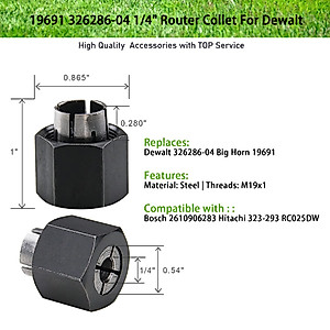 HAKATOP 19691 1/4" Router Collet Replacement For Dewalt 326286-04 Big Horn 1/4" Bosch 2610906283 Hitachi 323-293 RC025DW