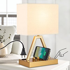 Briever USB Touch Control Table Lamp, 3-Way Dimmable Desk Lamp with USB C & USB A and AC Outlet, Bedside Lamp with Phone Stand and Fabric Shade for Bedroom, Living Room,Bulb Included, Gold