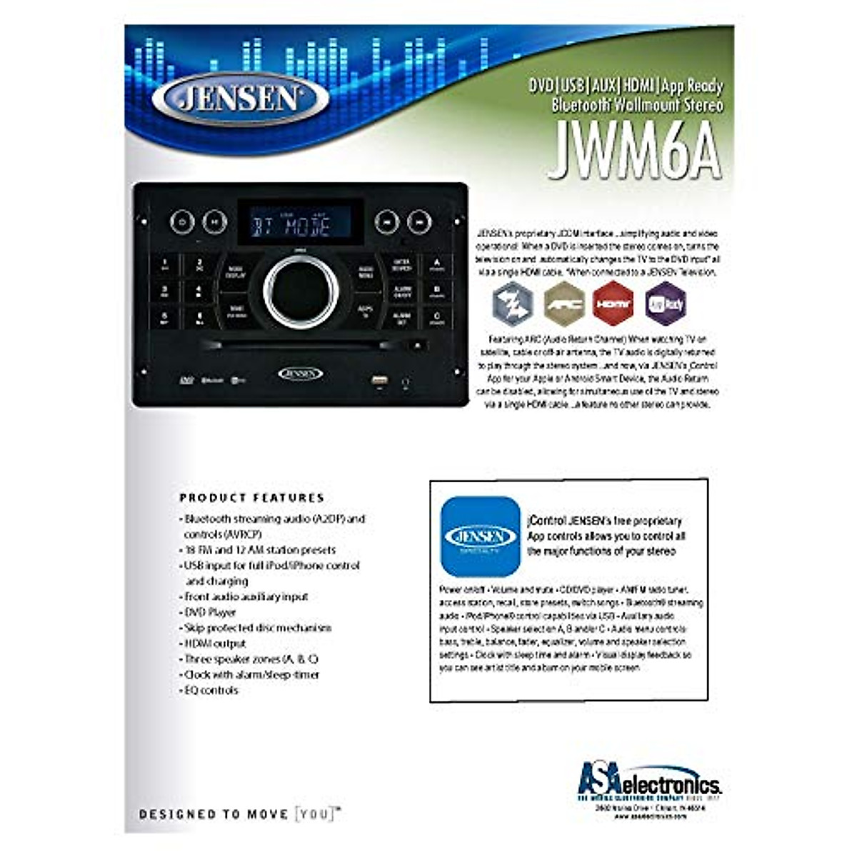 Jensen JWM6A DVD|USB|AUX|HDMI| Wallmount Stereo with App Control (jControl), Bluetooth A2DP/AVRCP Streaming Audio, Compatible with iPod/iPhone Control & Charging, DVD/CD-R/RW/MP3, 12V DC (Renewed)