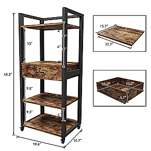 Natwind 4-Tiers Home Office Printer Stand Rack with Drawer Mobile Double Printer Cart with Adjustable Shelves Large Storage Rack on Wheels for Home Office Study Kitchen (Retro)