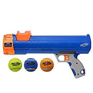 Nerf Dog 12in Blaster w/o Ball Clip 3 2in Squeak Tennis Balls - Opaque Blue/Orange/Gray and Orange and Blue and Green