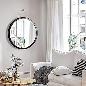 Honiway Round Mirror Black 24 inch with Bevel Wood Frame Large Circle Mirror Hanging Mirror Round Bathroom Mirror Circular Wall Mirror for Living Room Bedroom Entryway
