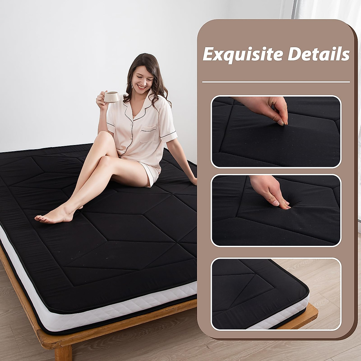 MAXYOYO 4" Thick Japanese Floor Mattress Futon Mattress, 3D Geometric Pattern Foldable Foam Mattress Roll Up Mattress Shikibuton Mattress Guest Mattress Sleeping Pad, Black, Full