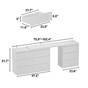 ROMSHINE 9 Drawer Dresser with Rotatable Tabletop, Modern Chest of Drawers with Extendable Desk (No More Than 102" W), Drawer Organizer for Bedroom Home Office, White Dresser