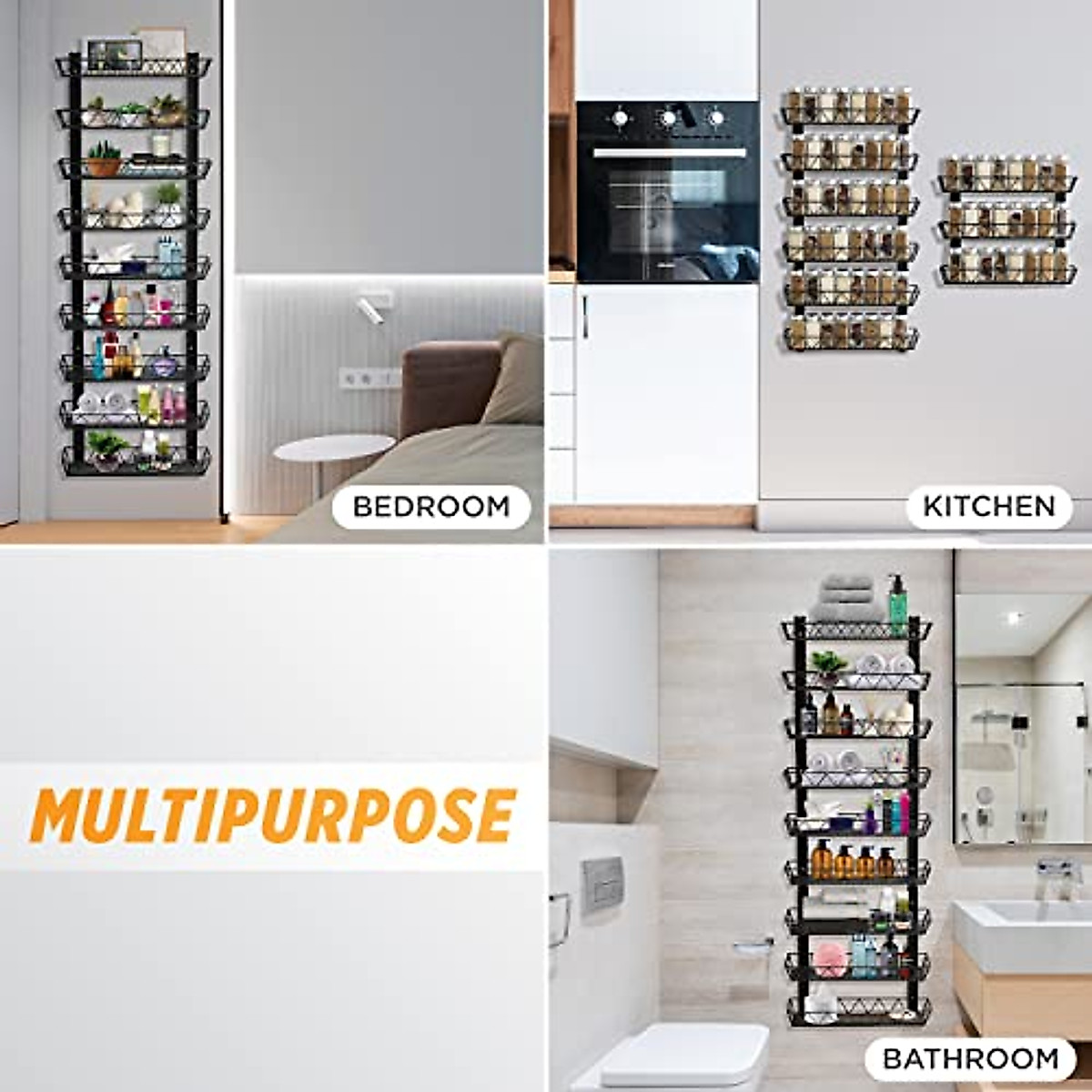 Spice Rack Wall Mount, 9 Tier Adjustable Spice Rack, Spice Organizer, Pantry Door Organizer, Heavy Duty/Easy to Assemble Space Saving Hanging Spice Seasoning Rack Organizer for Kitchen Cabinet