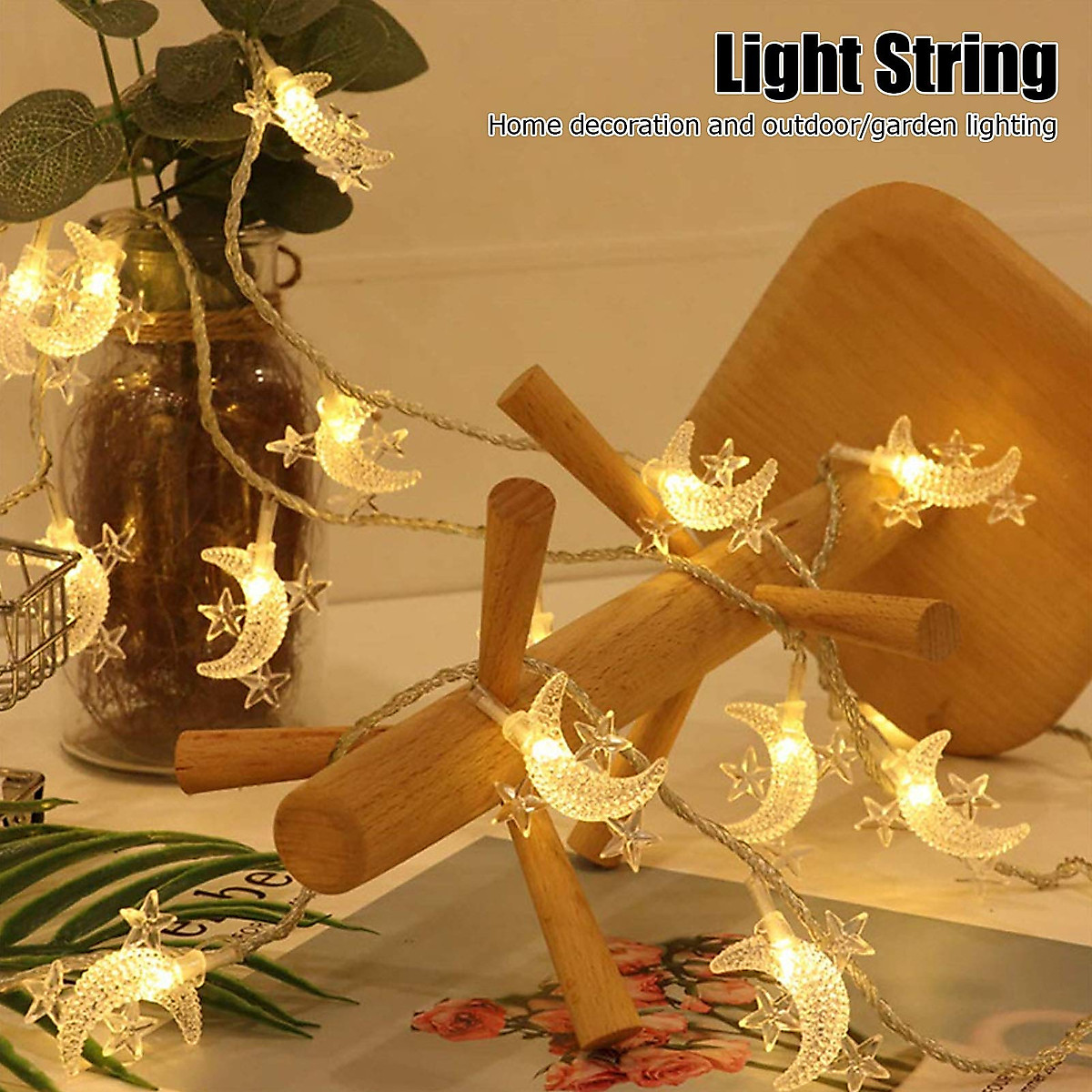 Junlucki Decoration Lamp, Light String, Moon Star Pendant Waterproof Romantic and Relaxing 3Pcs 10LED for Home Decoration, Garden Lighting Indoor and Outdoor