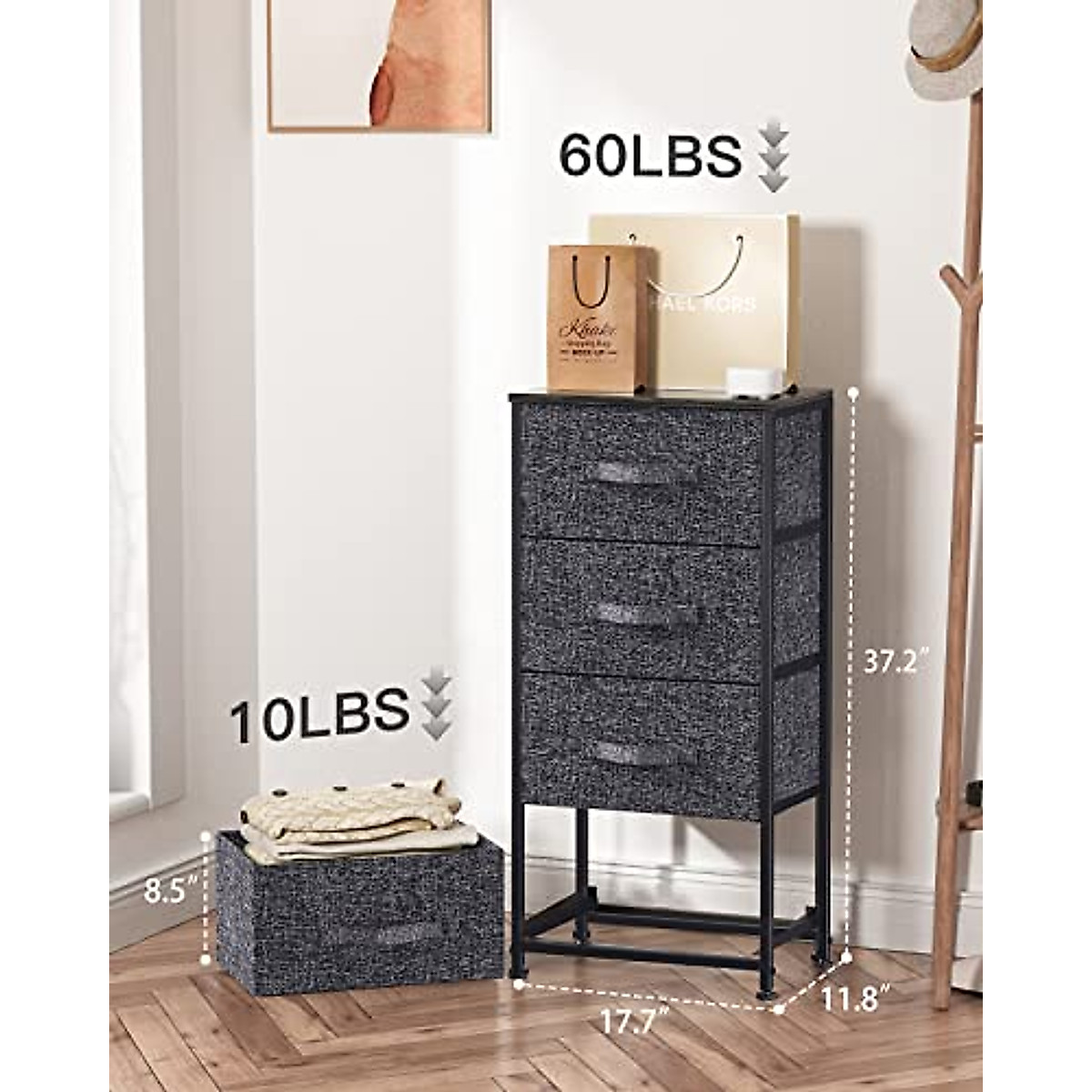 Pipishell Dresser with 4 Drawers, Tall Storage Tower with Sturdy Steel Frame Wood Top，Fabric Dresser Organizer Unit for Bedroom, Hallway, Entryway, Closets, Nursery Room Black