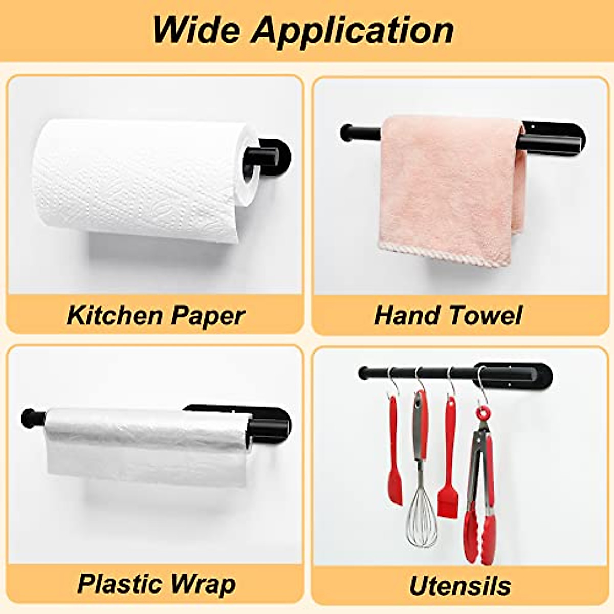 Kitchen Paper Towel Holder, Black Paper Towel Holder Under Cabinet Paper Towel Dispenser Wall Mount Self-Adhesive or Drilled for Bathroom Rv Garage