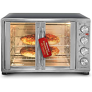 Elite Gourmet ETO4510B French Door 47.5Qt, 18-Slice Convection Oven 4-Control Knobs, Bake Broil Toast Rotisserie Keep Warm, Includes 2 x 14" Pizza Racks, Stainless Steel