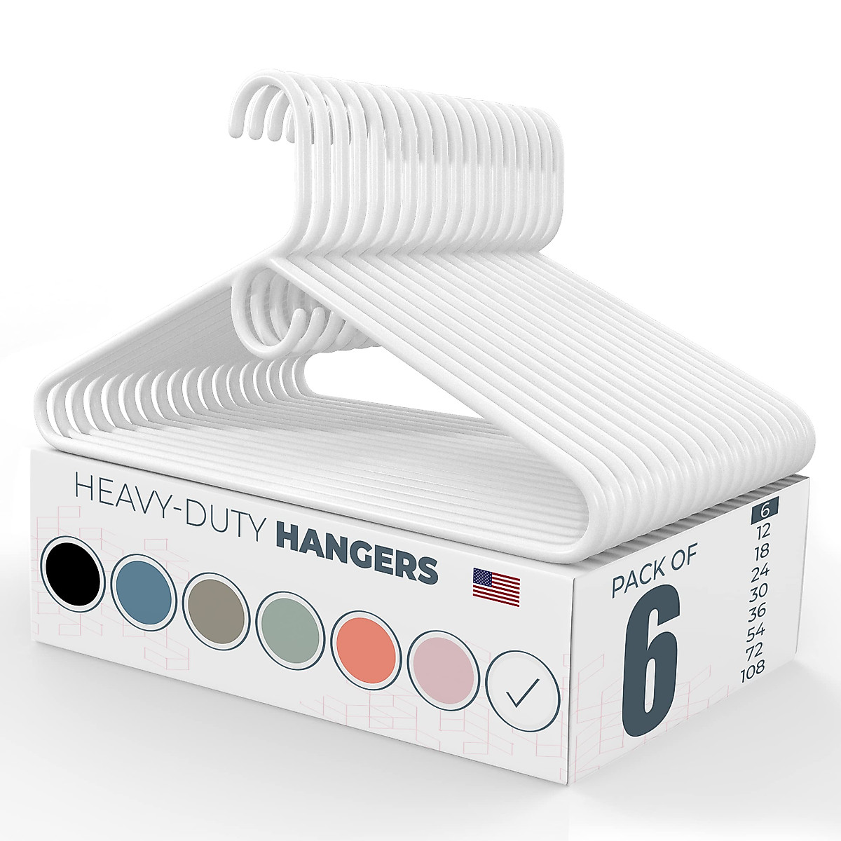 Made in USA Heavy Duty Plastic Clothes Hangers Bulk, 20 30 50 100 Pack Available, Strong Plastic Hangers, Jacket Coat Hangers, Thick Plastic Hanger for Closet and Clothing Hangars (06pk White)