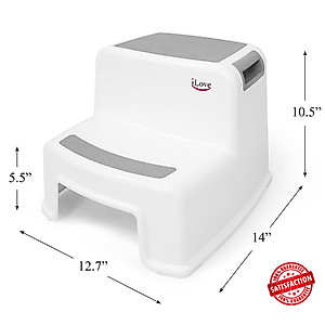 iLove 2 Step Stool for Kids and Toddlers, Bathroom and Toilet Stool for Potty Training, Slip-Resistant Soft Grips, Kitchen Helper Stool with Handles, Dual Height - Gray (2 Pack)