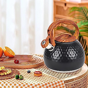 KIAADSY Tea Kettle, 3.2 Qt Stainless Steel Whistling Tea Kettle for Stove Top, Food Grade Teapot with Wood Pattern Handle for Coffee, Tea, Milk etc, Gas Electric Applicable-Black