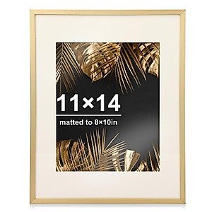 Fixwal 11x14 Aluminum Picture Frame with Mat for 8x10 Photo, Metal Gold Frame Tempered Glass for Wedding Wall Display