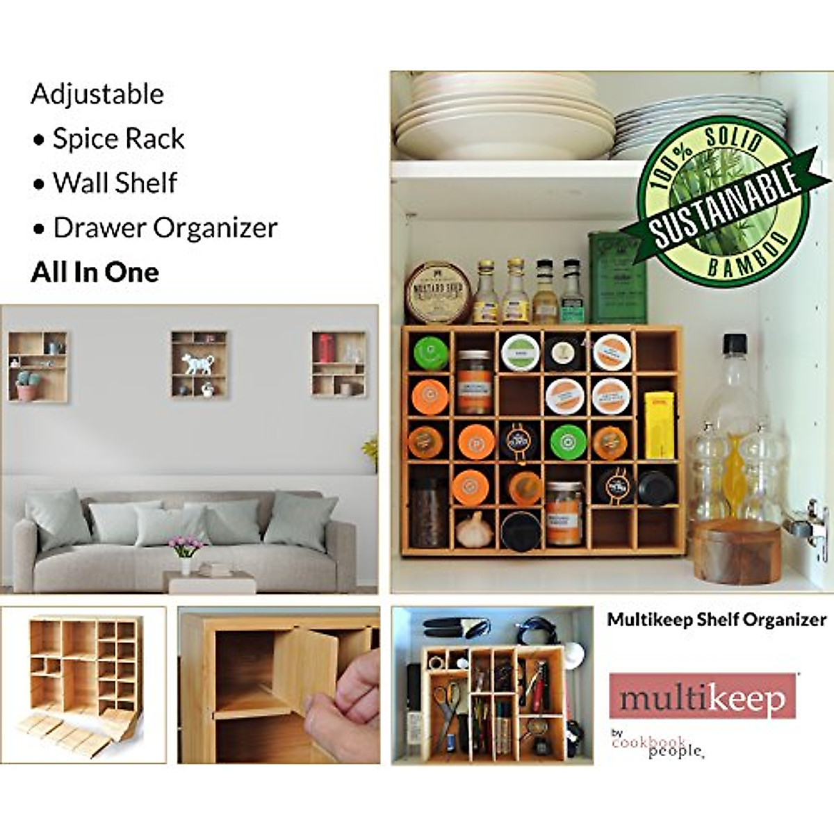 Cookbook People Multikeep Adjustable Shelf - Spice Rack, Floating Shelf, Figurine Shelf, Shadow Box or Drawer Organizer - for Wall Mount, Counter Top, Cabinet or Drawers - Bamboo Wood