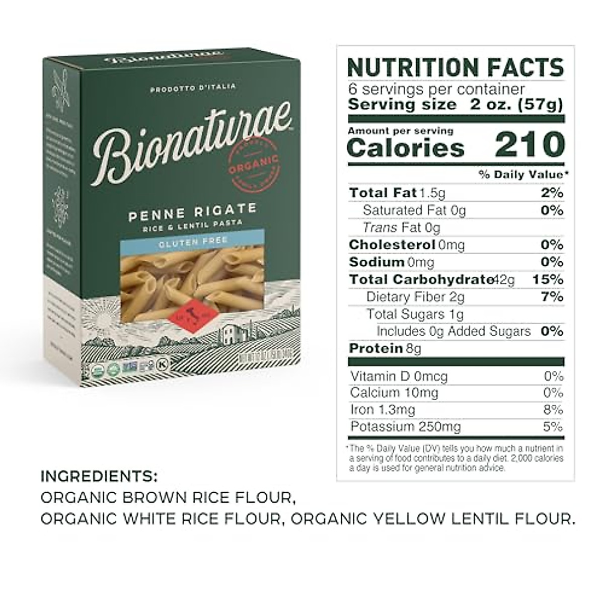 Bionaturae Penne Rigate Pasta Noodles - Gluten Free Pasta Organic, Rice & Lentil Pasta, Kosher Certified, High Protein, Non-GMO, USDA Certified, Gluten Free Pastas, Crafted in Italy - 12 Oz, 6 Pack