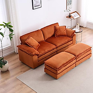 Free Combination Convertible Modular Sectional Sofa Cloud Couch, Comfy Corduroy Double-Upholstered Sleeper Sofa,84.6" Wide Loveseat Couches with Moveable Ottomans and Detachable Pillow-top Armrest