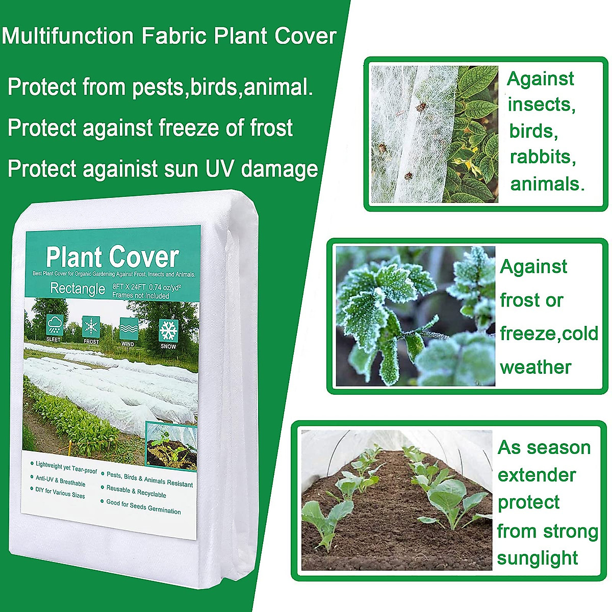 AISBAOB Garden Plant Covers Freeze Protection 8FTX24FT Fabric Plant Blanket Floating Row Cover for Cold Weather Reusable Plant Covers for Winter Frost Protection Sun Protection