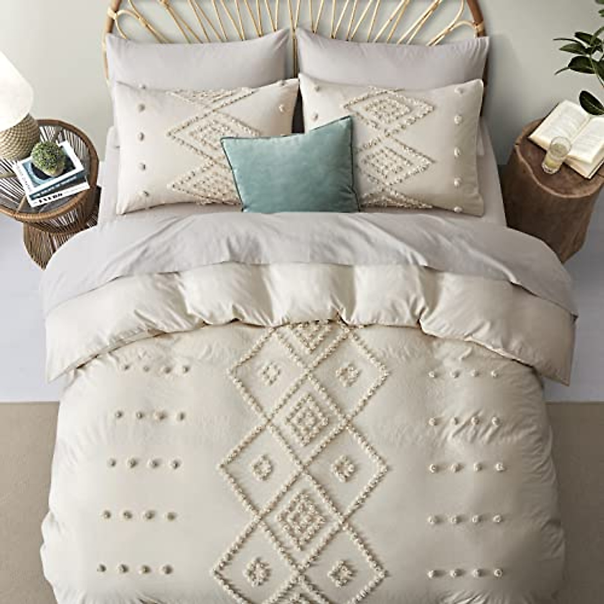 Oli Anderson Tufted Duvet Cover Queen Size, Soft and Lightweight Duvet Covers Set for All Seasons, 3 Pieces Boho Embroidery Shabby Chic Bedding Set (Beige, Queen, 90’’ x 90’’)