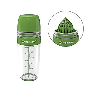 2 in 1 Salad Dressing Shaker Container with Citrus Juicer, Dripless Pour, Leak-free, Soft Grip, Dishwasher Safe, BPA Free, Homemade Salad Dressing Bottle Mixer Measure, 350ml (1-1/2 Cups)
