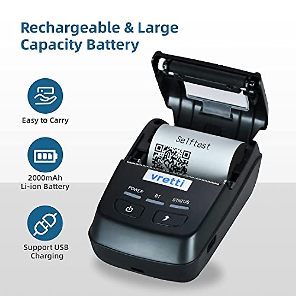 vretti Bluetooth Receipt Printer, 2inches 58mm Portable Direct Thermal Printer Compatible with Android,Windows, Mini Wireless Mobile USB POS Printer for Restaurant Retail, Sales, Kitchen, Hotel