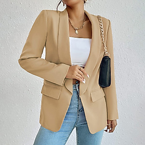 Womens Casual Blazers Open Front Long Sleeve Blazer Work Office Pockets Jackets Khaki Medium