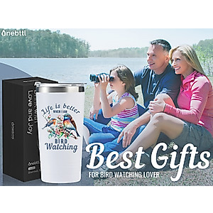 Onebttl Bird Watching Gifts, Bird Watching Tumbler for Bird Lovers & Bird Watchers, 20oz Stainless Steel Insulated Tumbler with Lid & Straw, Gift Card & Box Included, Best Gift for Birthday - White